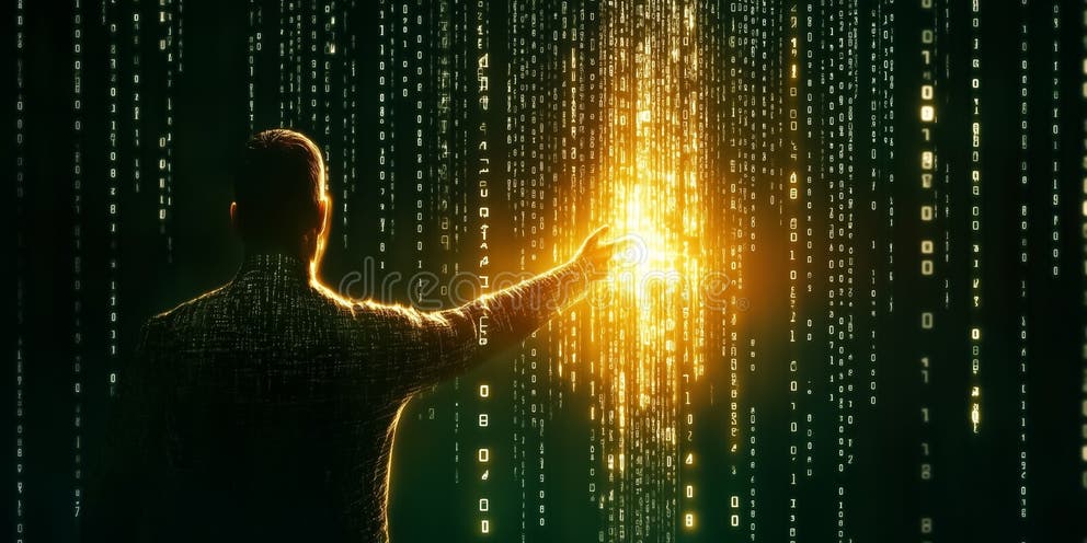 Individual Reaching Towards Bright Light in Digital Space Filled with ...