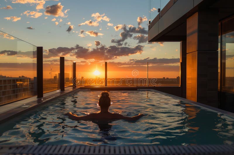 Individual Relaxing in Penthouse Rooftop Pool with a Sunset View Stock ...