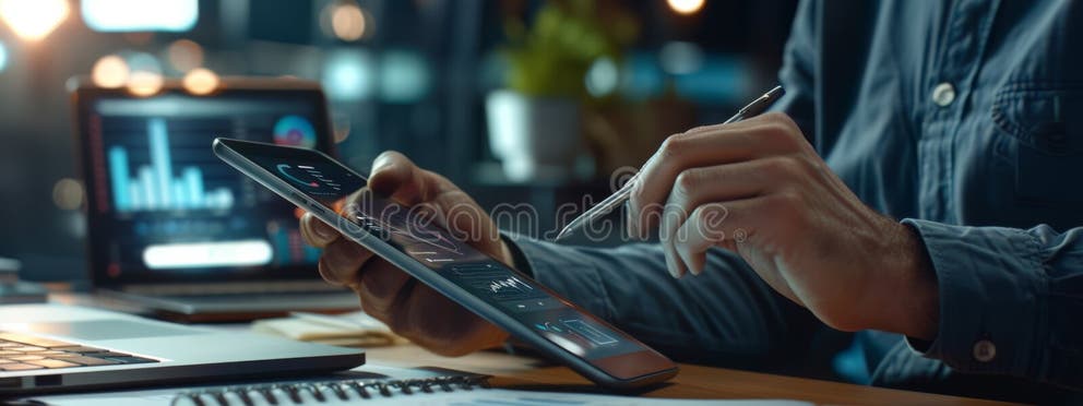 An Individual S Hands Using a Stylus on a Tablet with Financial ...