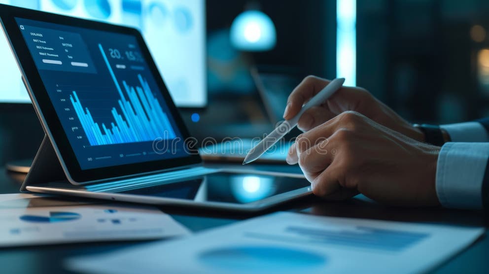 An Individual S Hands Using a Stylus on a Tablet with Financial ...