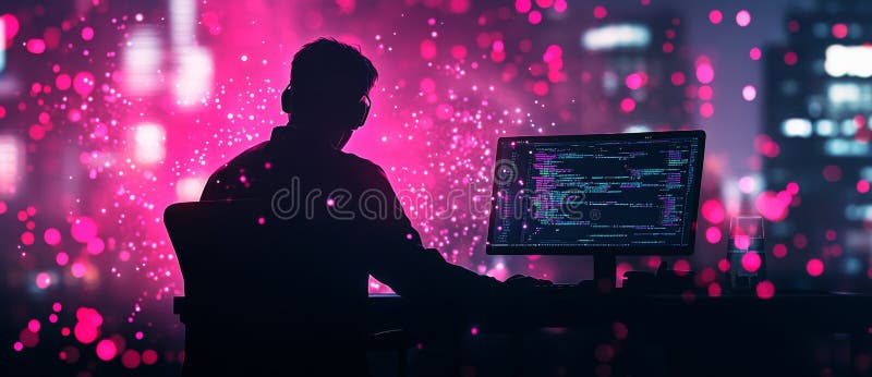 An Individual S Profile at a Computer, Highlighted by Glowing Pink ...
