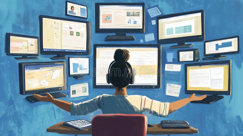 An Illustration of a Person with Multiple Screens, Each Showing ...