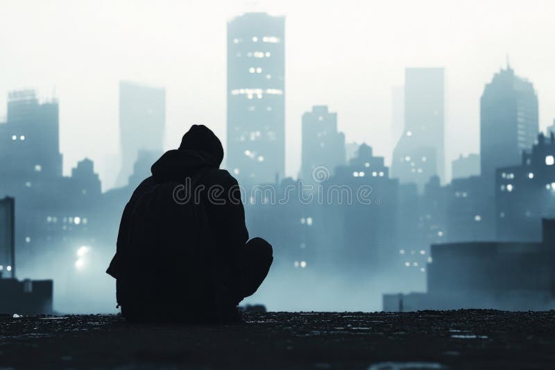 Individual Sits Alone, Gazing at a Misty Urban Skyline Stock Image ...