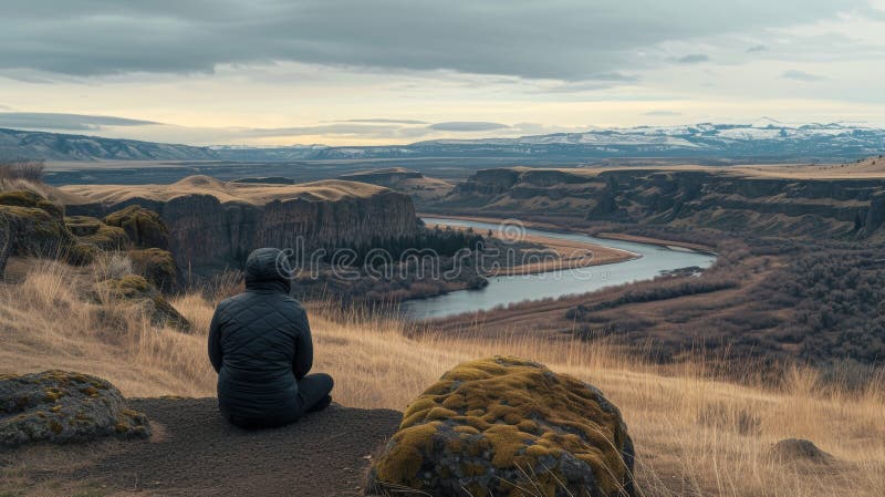Individual Sitting in Solitude on a Hill, Overlooking a Tranquil Valley ...