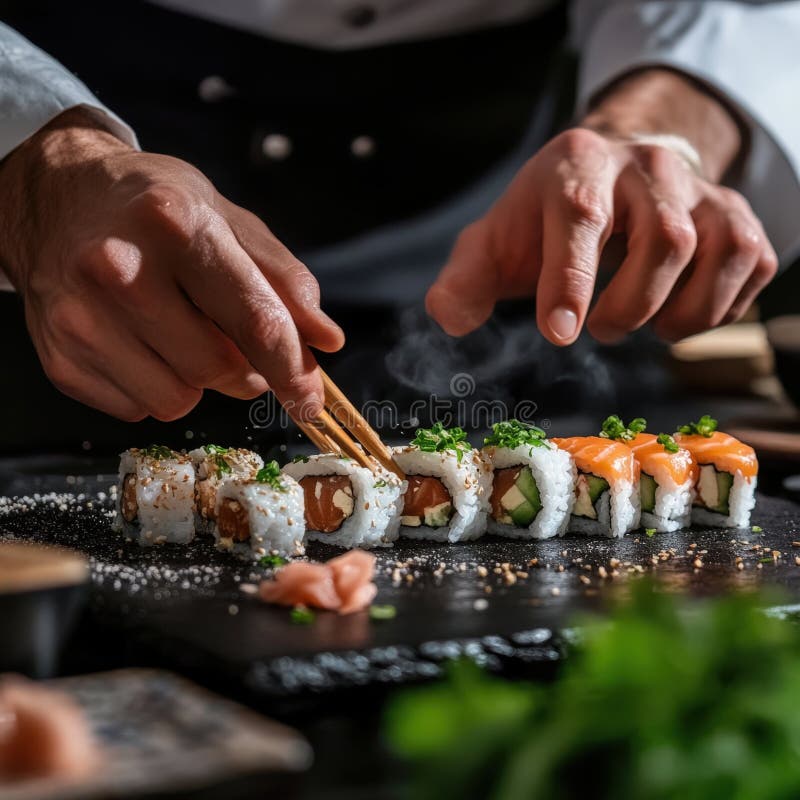 A Person is Skillfully Making Sushi Using Chopsticks on a Table Stock ...