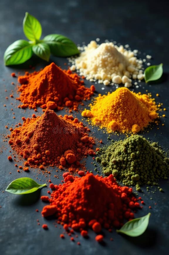 Individual Spice Packets Arranged on a Dark Surface, Packaging ...