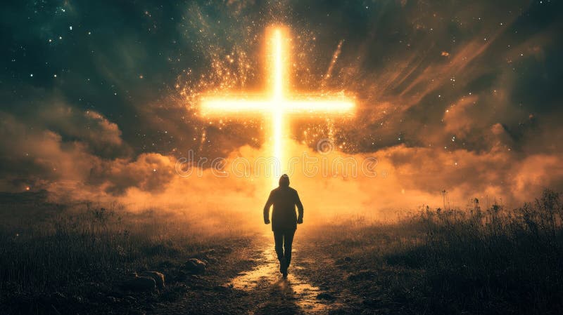 Individual Sprinting Toward a Large Illuminated Cross Surrounded by ...