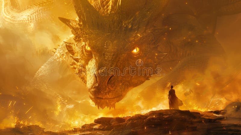 An Individual Stands Confronting a Gigantic, Fiery Dragon in a Dramatic ...