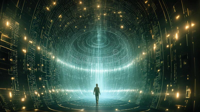 An Individual Stands in a Dark Tunnel, Illuminated by Intense Bright ...