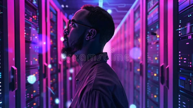 A Thoughtful Individual in a Data Center Observes Server Racks ...