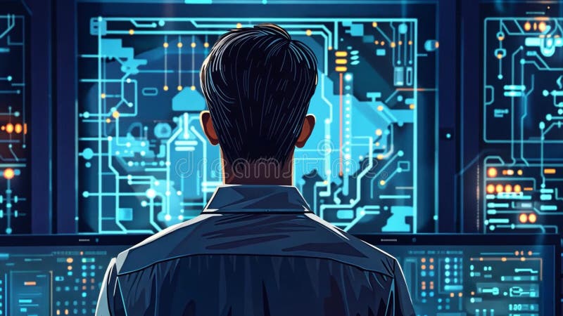 A Person Observing Complex Digital Data Visualizations in a Futuristic ...