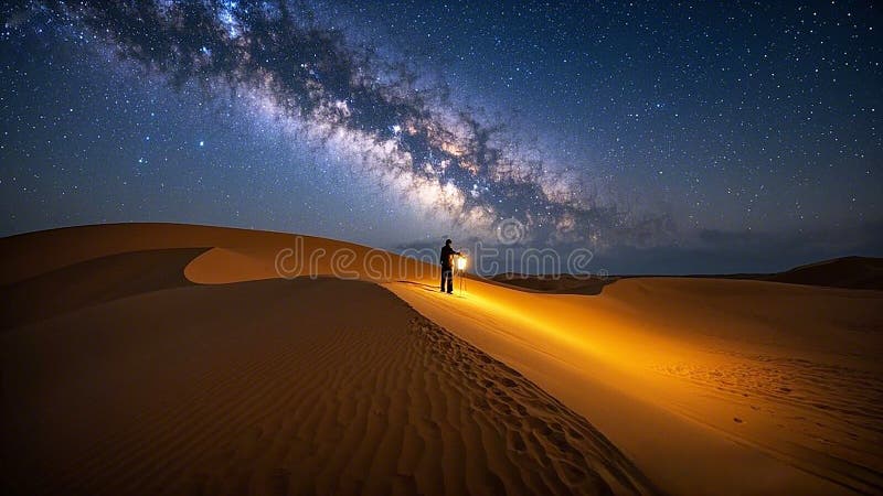 Person Illuminating Sand Dunes Under a Starry Night Sky Stock Photo ...