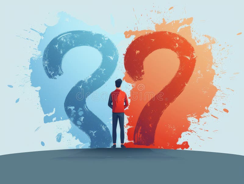 Individual Stands before Large Blue and Orange Question Marks ...