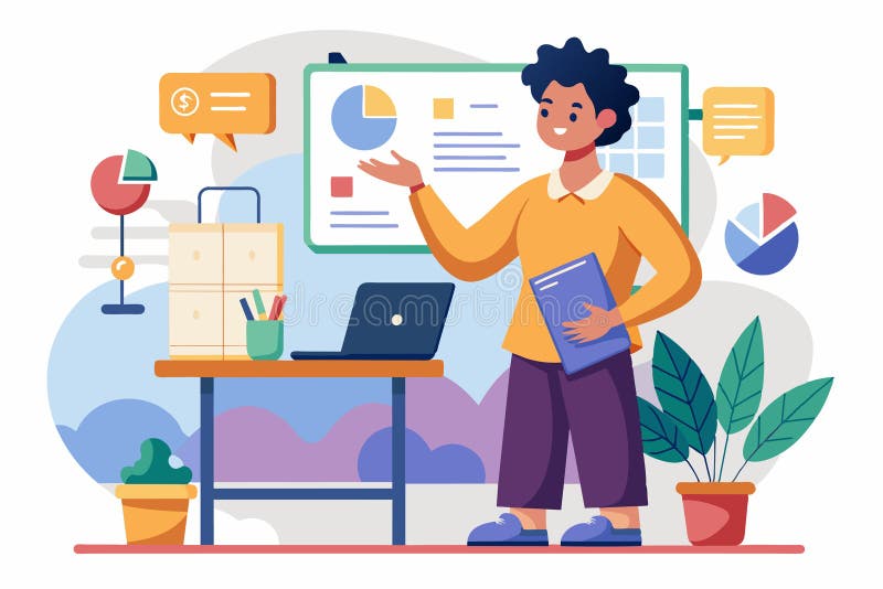 An Individual Stands Near a Desk, Discussing a Project with Charts and ...