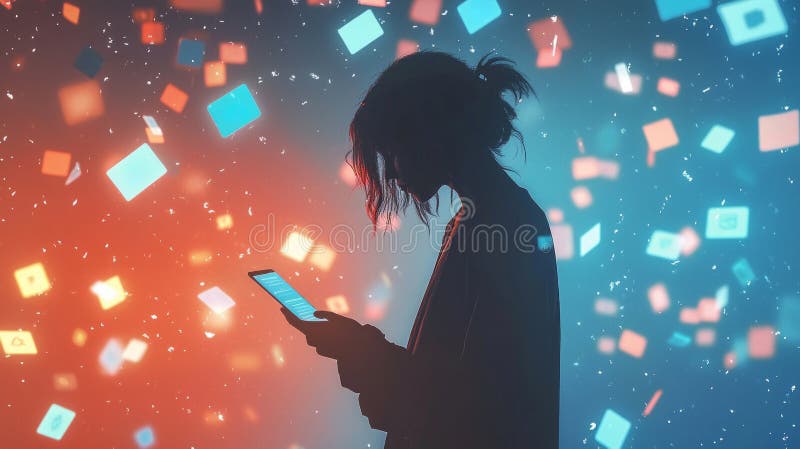 Individual Stands with a Smartphone Enveloped by Various Digital ...