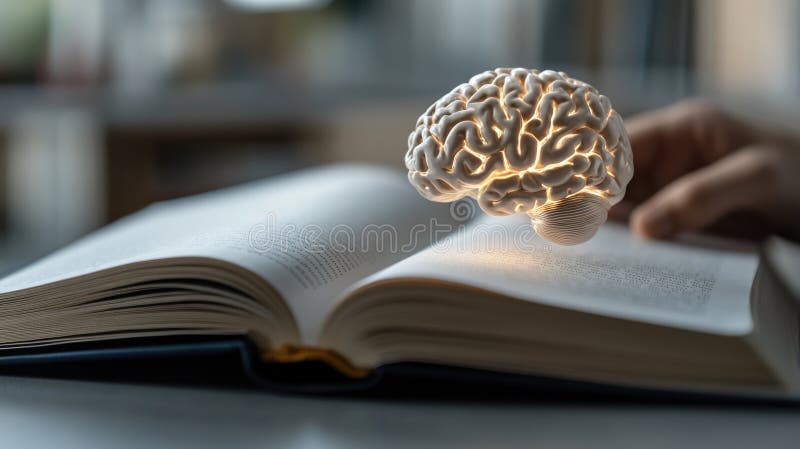 An Individual Studies an Open Book, while a Realistic Brain Floats ...