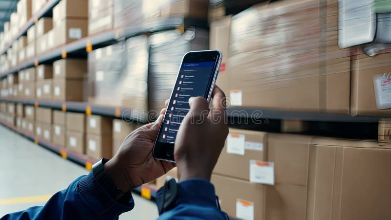 An Individual Uses a Smartphone To Track Inventory among Stacked Boxes ...