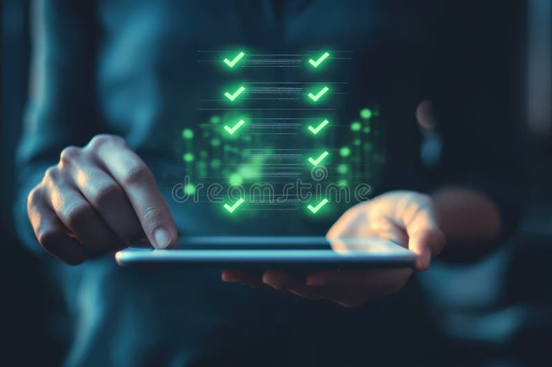 Individual Using Digital Tablet To Manage Tasks with Floating ...