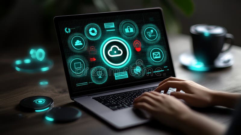 An Individual Using a Laptop Featuring a Digital Cloud and Data ...