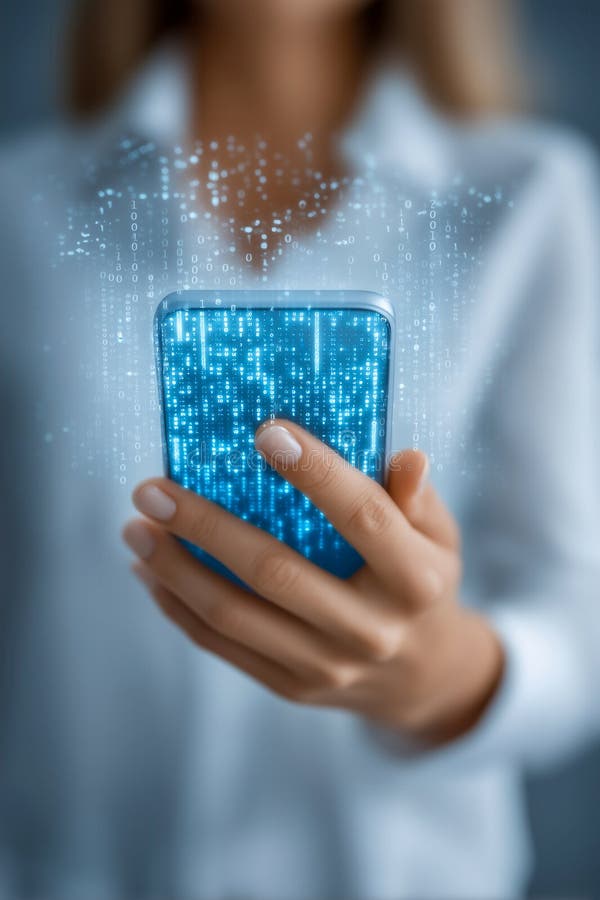 Individual Using Sleek Transparent Holographic Smartphone with Floating ...