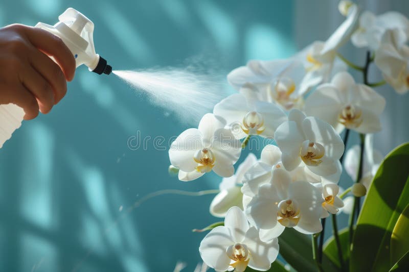 Individual Using a Spray Bottle To Mist Orchid Flowers Stock Image ...