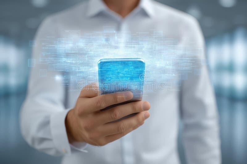 Individual Using Transparent Holographic Smartphone with Glowing ...