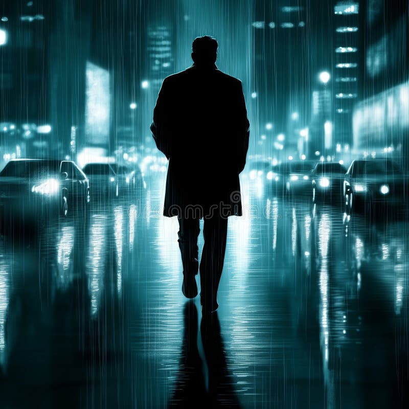 An Individual Walks Alone through a Cityscape Illuminated by Neon ...