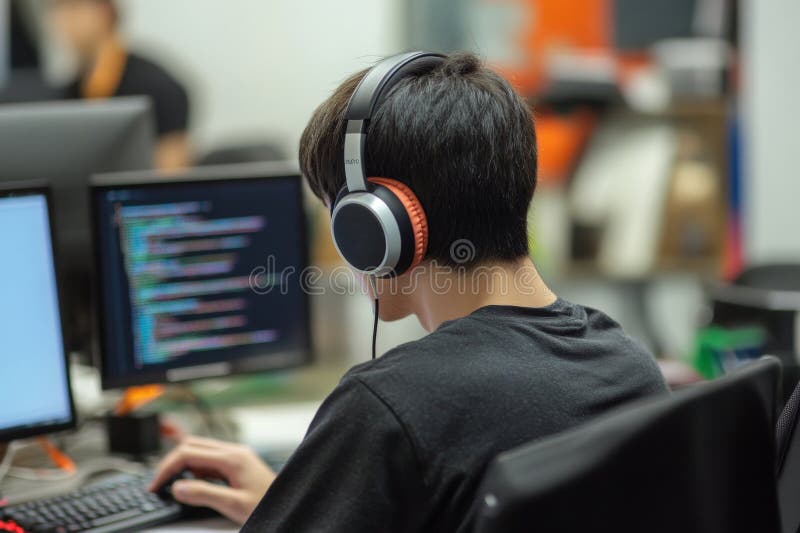 Individual Wearing Headphones Focuses Intently on Writing Code in a Modern Tech Workspace ...