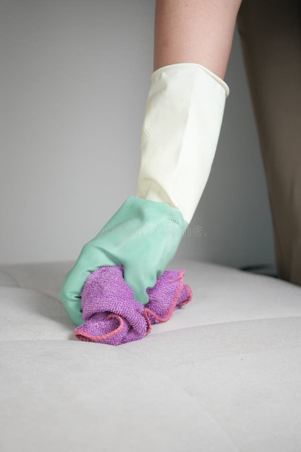 An Individual Wearing Rubber Gloves is Actively Cleaning a Sofa by ...