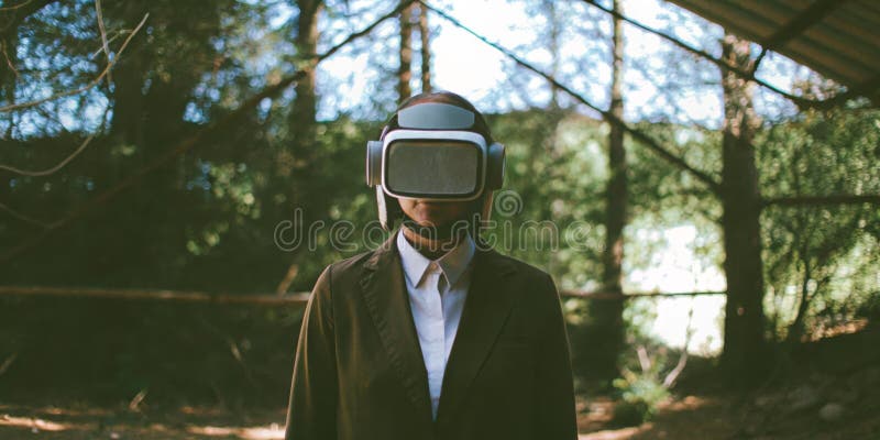 Individual Wearing Virtual Reality Headset in Forest Setting during ...