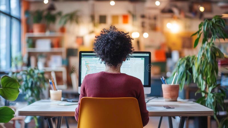 Individual Working on Computer in Modern Workspace Filled with Plants ...