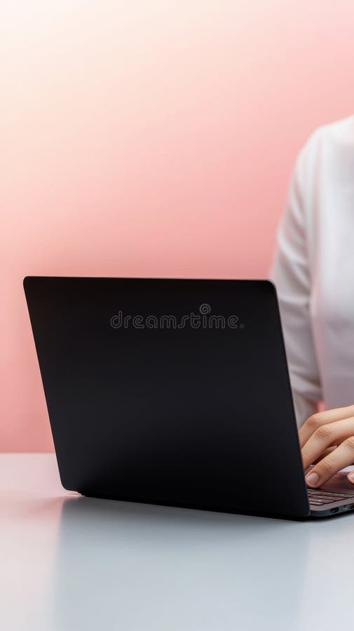 Individual Working Intently on Laptop in Modern Workspace Setting Stock ...