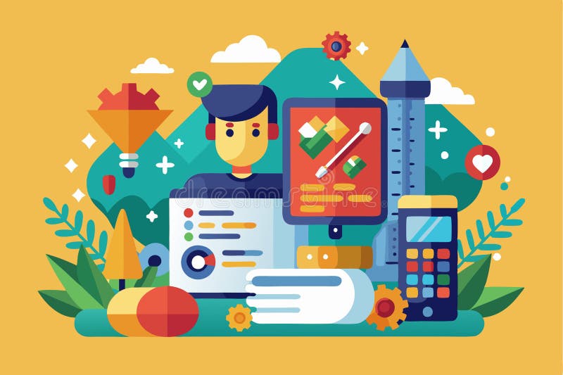 An Individual Works on Digital Development Tasks Amid Colorful Tools ...