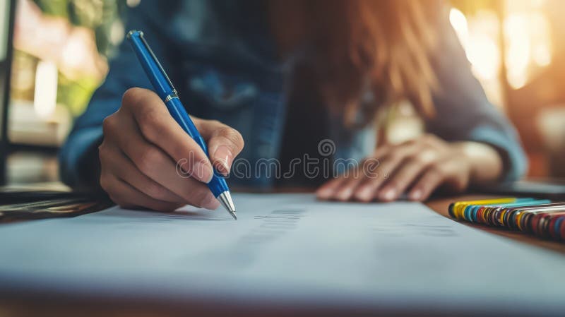 Individual Writing Notes in a Cafe Using a Blue Pen during Daylight ...
