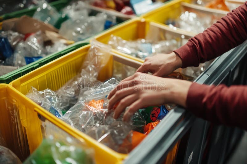 Hands Sorting Various Recyclables into Clearly Labeled Bins in a ...