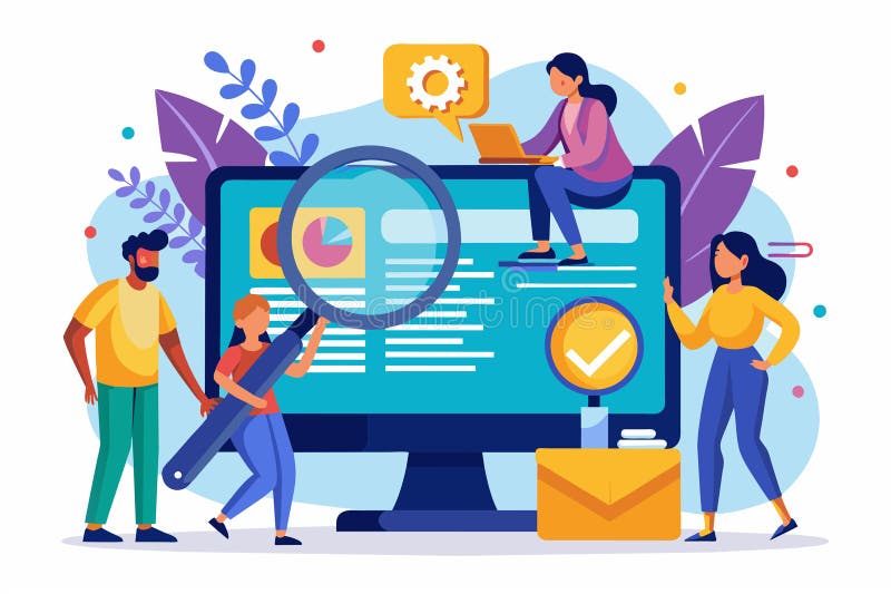 Individuals Use a Magnifying Glass To Inspect a Computer Display in a ...