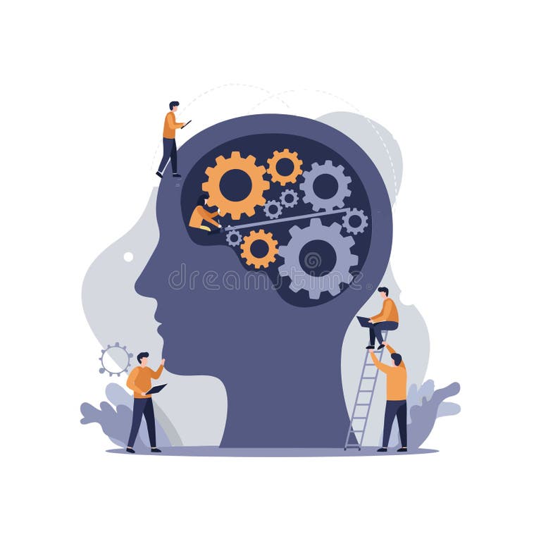 Individuals Working on Cognitive Gears in a Stylized Profile Head ...