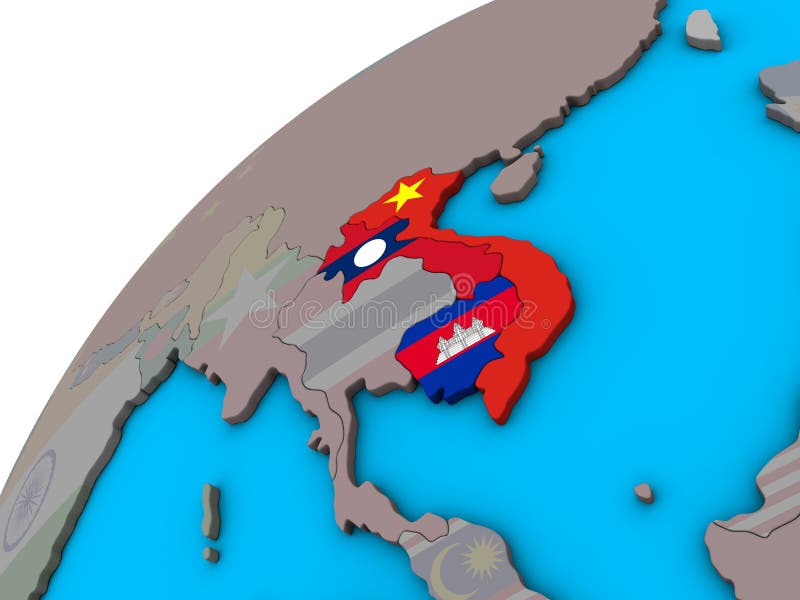 Indochina with Flags on 3D Globe Stock Illustration - Illustration of ...