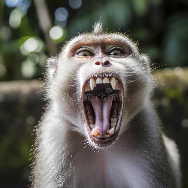 Indonesia Bali Monkey Wide Yawn Showing Long Teeth Stock Image - Image ...
