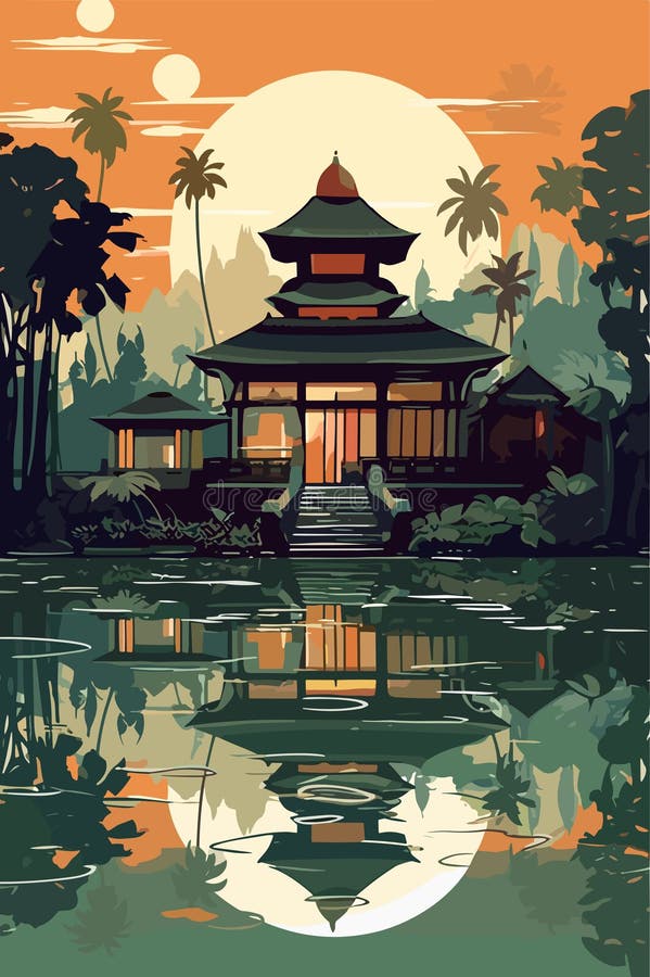 Indonesia Bali Small Village Landscape in the Evening. Vector Flat ...