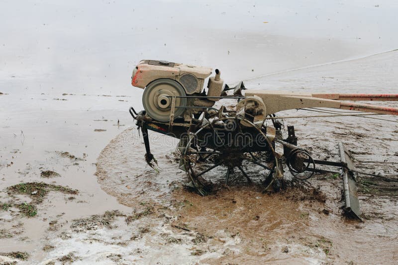 Indonesia Farmer Plowing a Rice Field Using Tiller Tractor Editorial ...