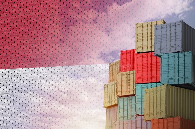 Indonesia Flag and Big Stack of Shipping Cargo Containers in Docks with ...