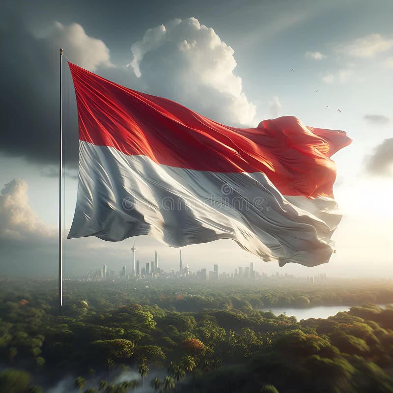 Indonesia Flag Waving in the Wind Over the City at Sunrise. 3D ...