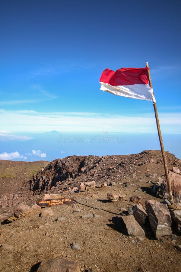 Indonesia National Flag and Signpost of the Highest Peak of Mount ... Indonesia National Flag and Signpost of the Highest Peak of Mount ...