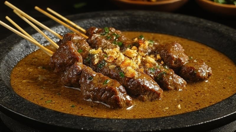 Indonesian Beef Satay in Dark Bowl Stock Photo - Image of indonesian ...