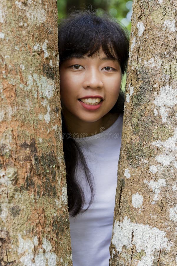Indonesian Girl between Two Tree Trunks Stock Image - Image of trunk ...