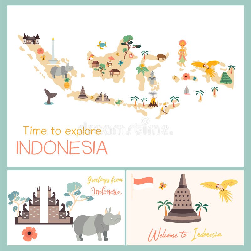 Indonesian Map with Animals and Landmarks Stock Vector - Illustration ...