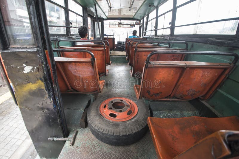 Indonesian Passengers Commute in an Old Empty Bus in Jakarta, Indonesia ...