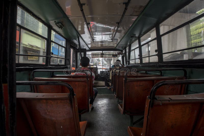 Indonesian Passengers Commute in an Old Empty Bus in Jakarta, Indonesia ...