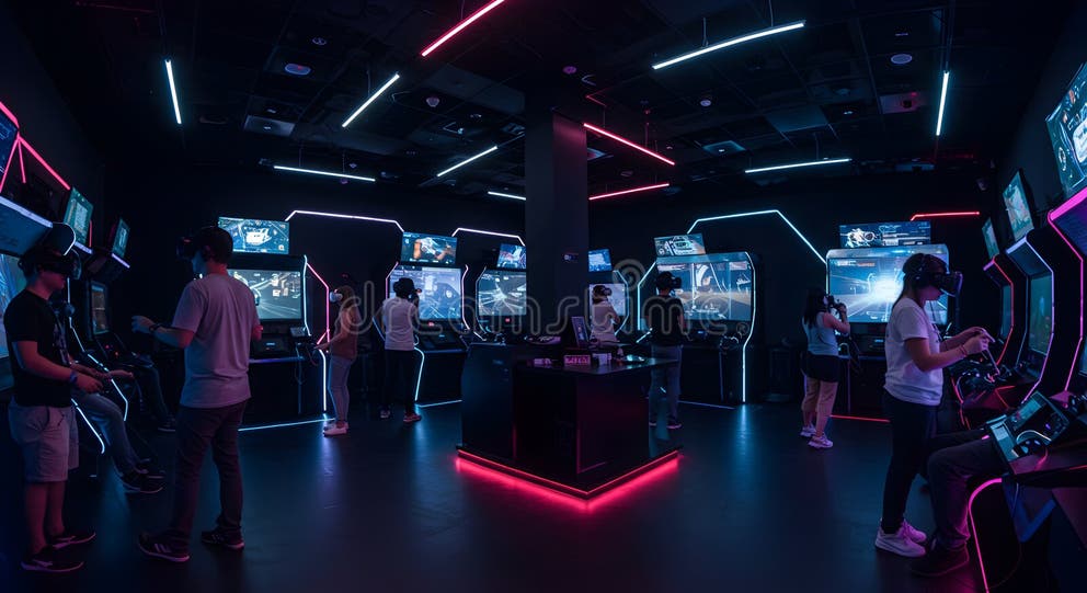 Immersive Virtual Reality Gaming Arcade with Neon Lighting and Modern ...